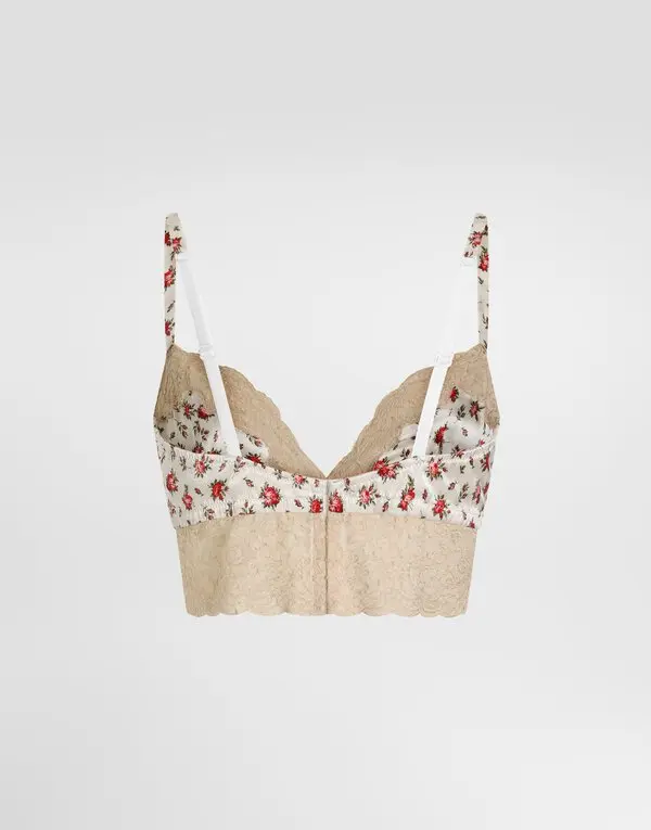 Dolce & Gabbana Small Rose-print Satin And Lace Bra