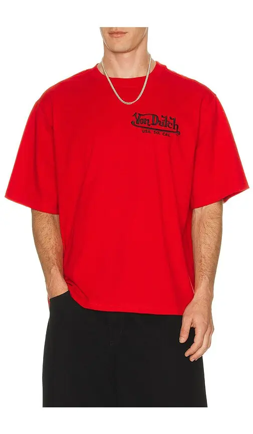 VON DUTCH Embroidered Logo Boxy Crop Tee In Red - Salsa