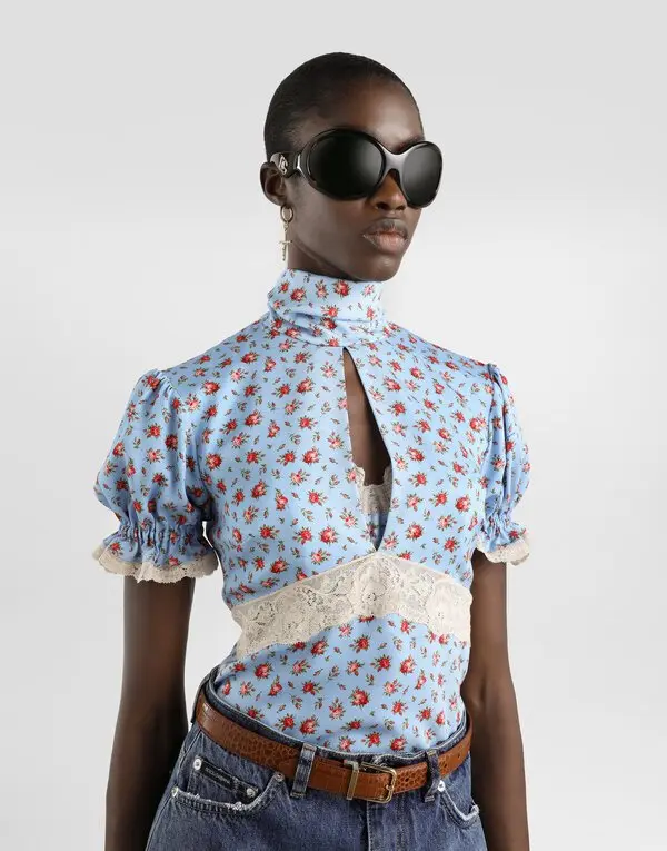 Dolce & Gabbana Rose-print Charmeuse Top - Multicolor