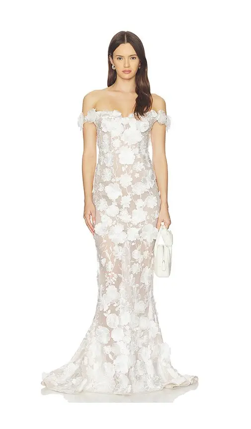 BRONX AND BRONCO Jasmine Floral Off The Shoulder Gown - White