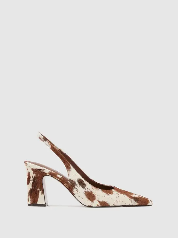 REISS Lorena Leather Cow-print Slingback Court Shoes - Brown
