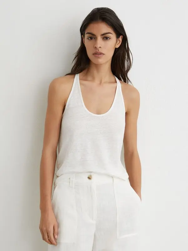 REISS Lidie Linen Racer-back Vest - White