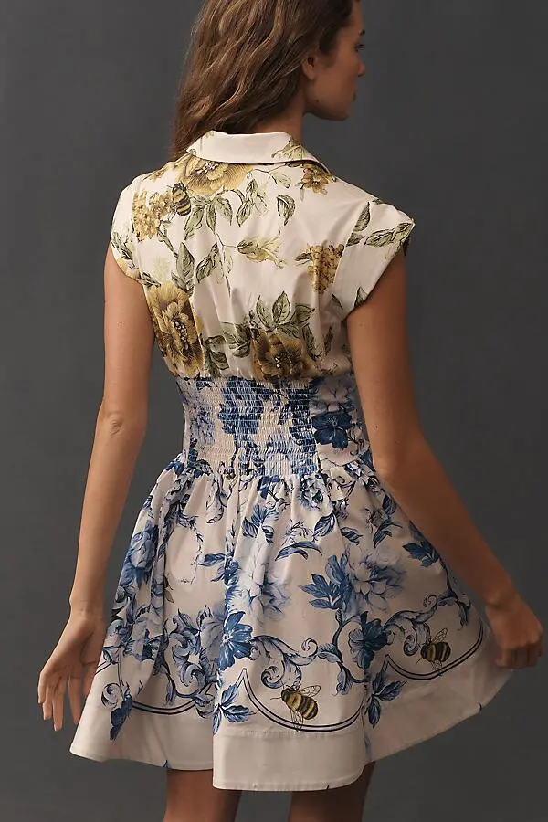Maeve Cap-sleeve Waisted Mini Shirt Dress - Yellow Pattern