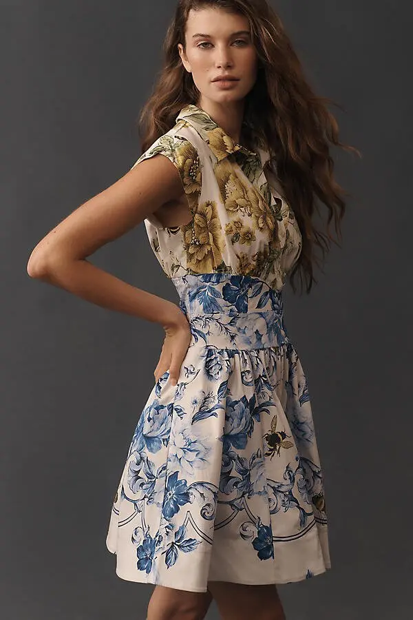 Maeve Cap-sleeve Waisted Mini Shirt Dress - Yellow Pattern