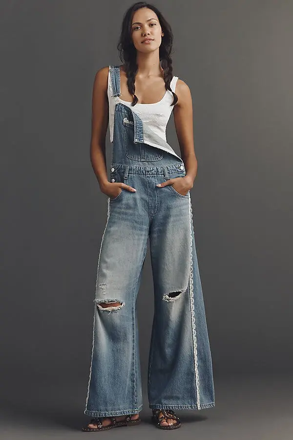 PILCRO The Adi Lace-trim Overalls - Vintage Medium Denim