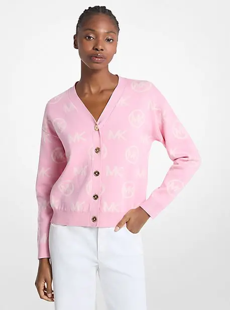 Michael Kors Logo Jacquard Cotton Blend Cardigan - Pink