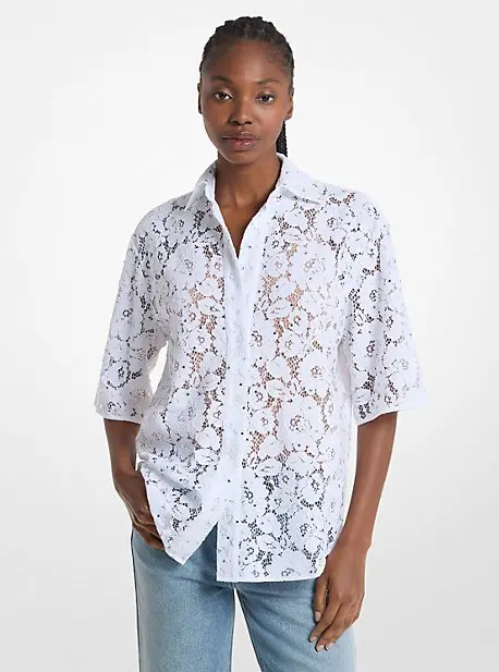 Michael Kors Studded Corded Floral Lace Shirt - White