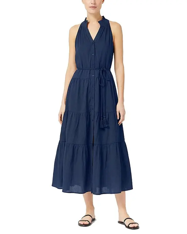 CHANGE OF SCENERY Tracy Cotton Tiered Midi Shirt Cover-up Dress - Navy