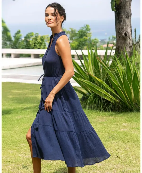 navy cotton tiered dress Karen Millen Shirred Cotton Tiered Printed Woven Shirt Dress in Navy