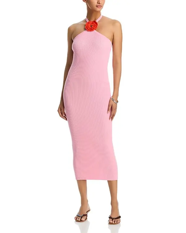 Aqua Asymmetric Neck Rosette Trim Dress - Pink