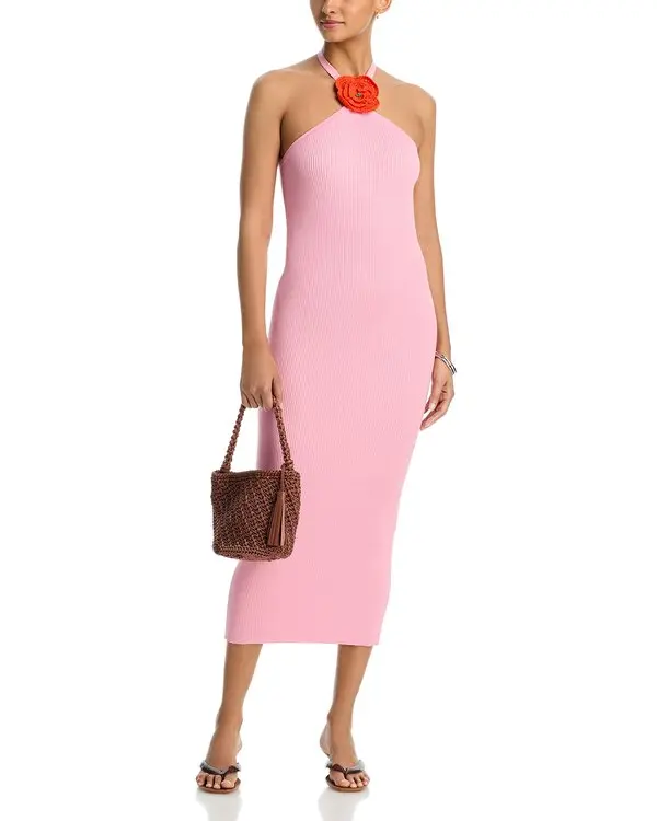 Aqua Asymmetric Neck Rosette Trim Dress