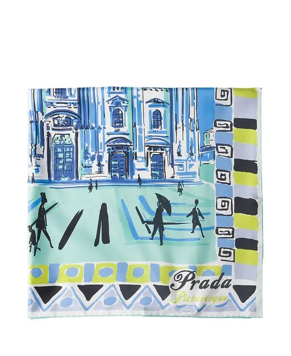Prada Pittoresque Milan Print Silk Foulard Scarf 90x90 - Light Blue