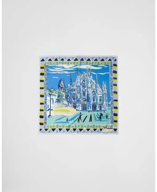 Prada Pittoresque Milan Print Silk Foulard Scarf 90x90