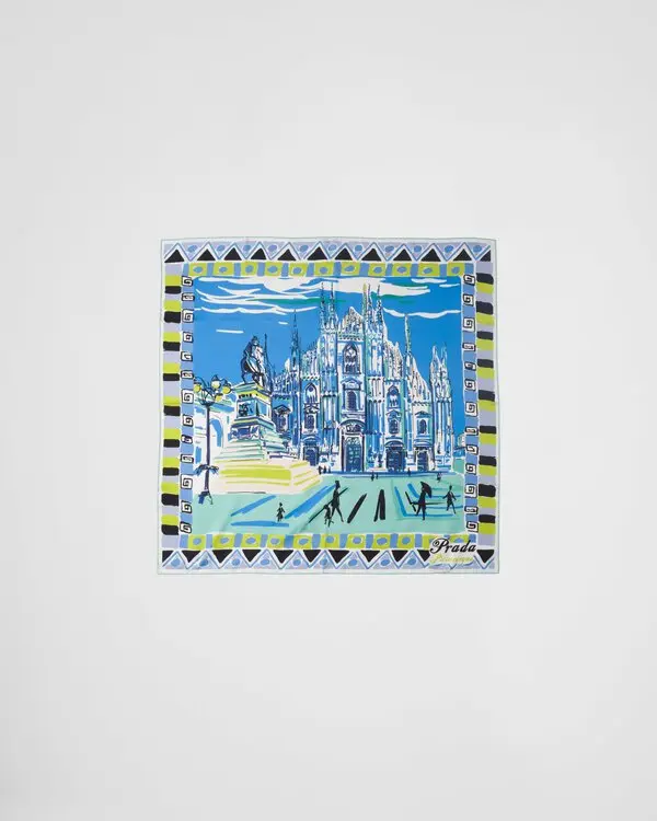 Prada Pittoresque Milan Print Silk Foulard Scarf 90x90