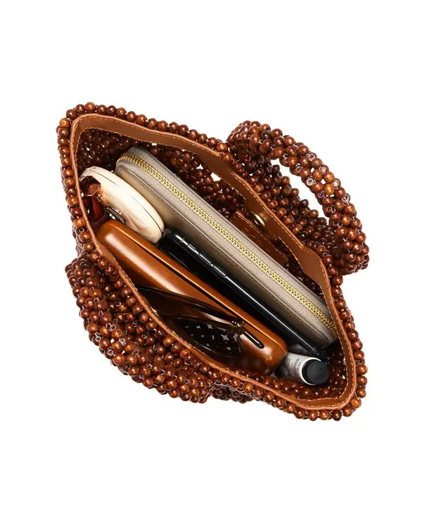 Aqua Woven Beaded Top Handle Bag - Brown