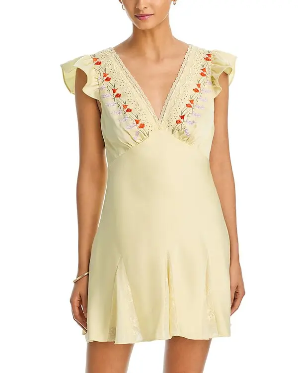 Aqua Lace & Embroidery Trim Mini Dress - Yellow