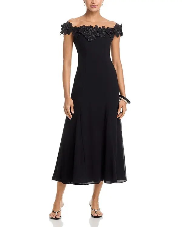 Aqua Applique Floral Off-the-shoulder Midi Dress - Black