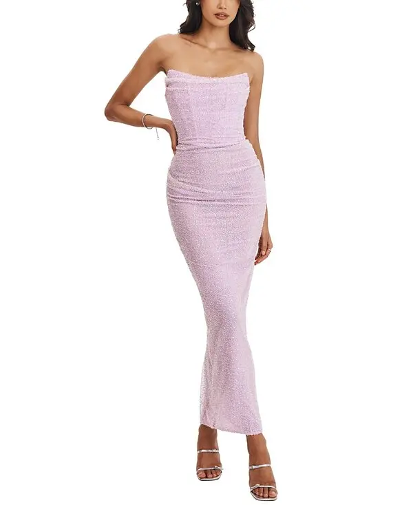 MISS CIRCLE Raylee Beaded Mesh Strapless Sheath Maxi Dress - Lilac