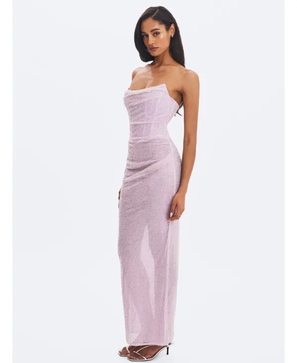 MISS CIRCLE NEW YORK Raylee Beaded Mesh Strapless Sheath Maxi Dress