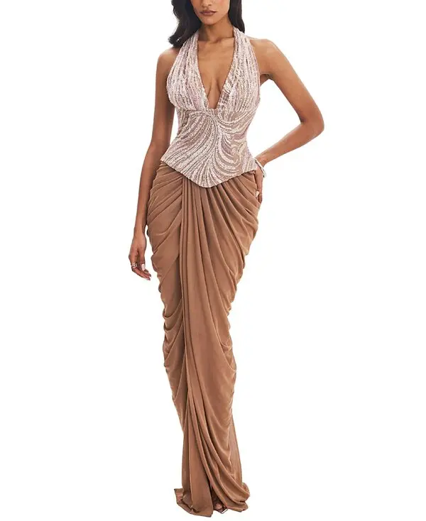 MISS CIRCLE Nancie Beaded Halter Peplum Pleated Maxi Dress - Apricot