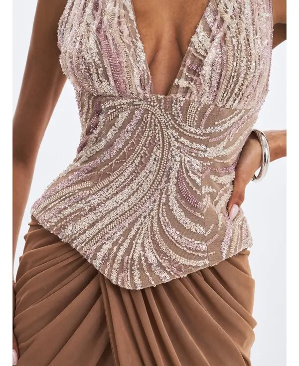 MISS CIRCLE NEW YORK Nancie Beaded Halter Maxi Dress
