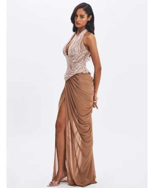 MISS CIRCLE NEW YORK Nancie Beaded Halter Maxi Dress