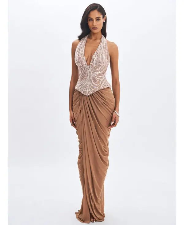 MISS CIRCLE NEW YORK Nancie Beaded Halter Maxi Dress