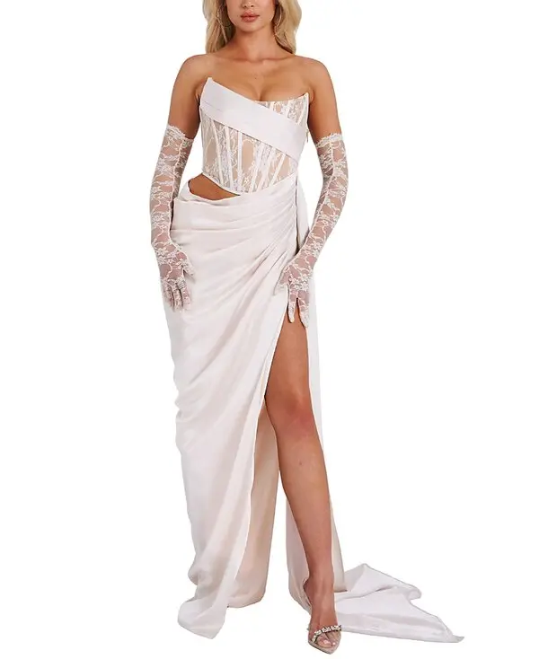 MISS CIRCLE NEW YORK Strapless Corset Draping Gown With High Slit - White