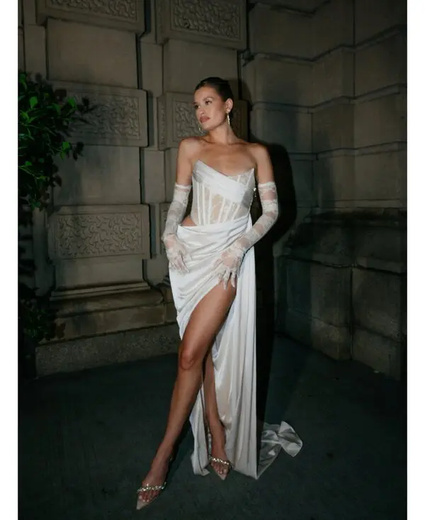 MISS CIRCLE NEW YORK Strapless Corset Draping Gown With High Slit - White