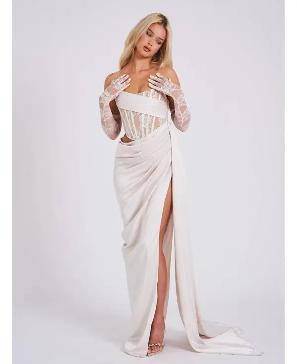 MISS CIRCLE NEW YORK Strapless Corset Draping Gown With High Slit - White