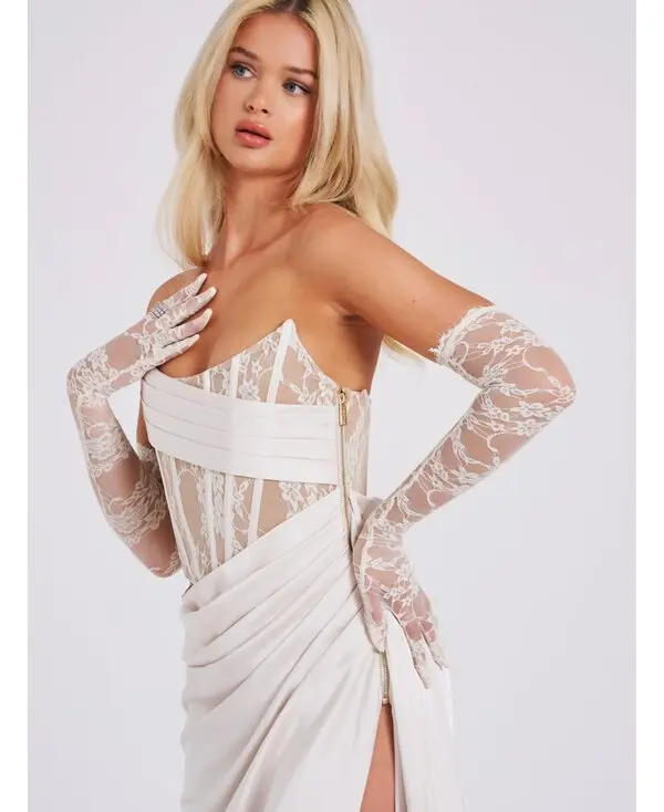 MISS CIRCLE NEW YORK Strapless Corset Draping Gown With High Slit - White