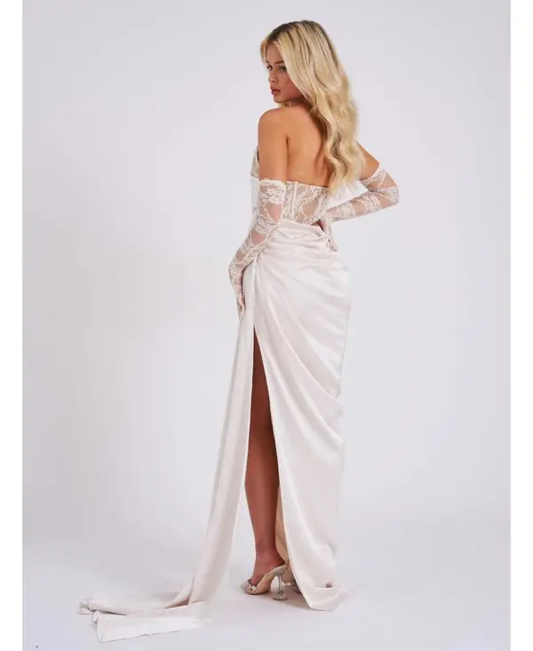 MISS CIRCLE NEW YORK Strapless Corset Draping Gown With High Slit - White