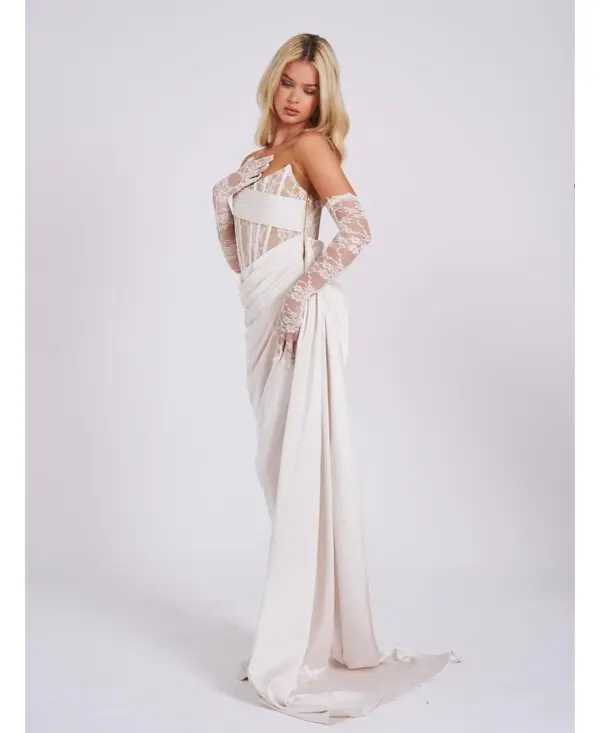 MISS CIRCLE NEW YORK Strapless Corset Draping Gown With High Slit - White