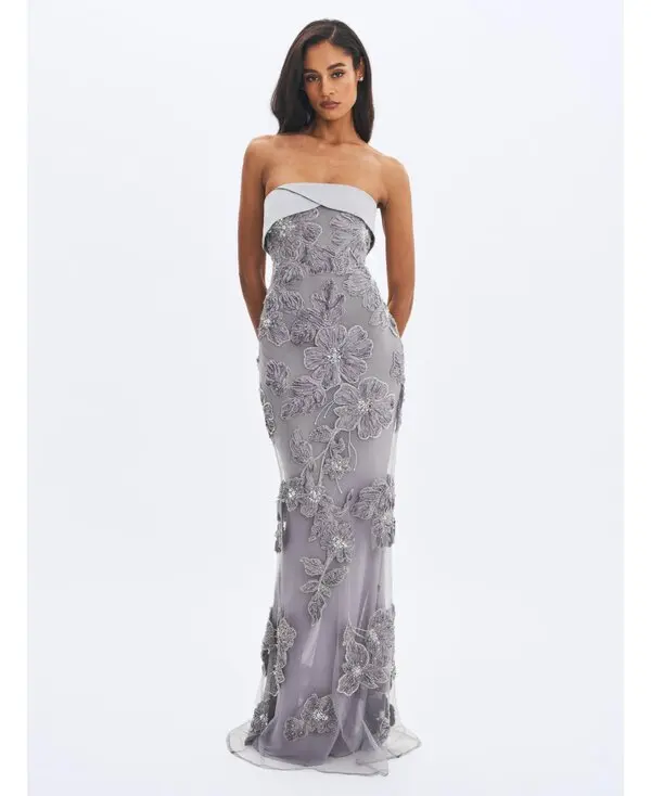 MISS CIRCLE NEW YORK Raphaela Beaded Floral Strapless Maxi Dress