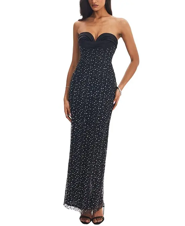 MISS CIRCLE Preslie Satin And Crystal Mesh Sheath Maxi Dress - Black