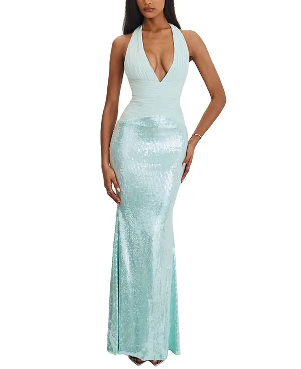 MISS CIRCLE NEW YORK Wendale Sequin Plunging Mermaid Maxi Dress - Mint