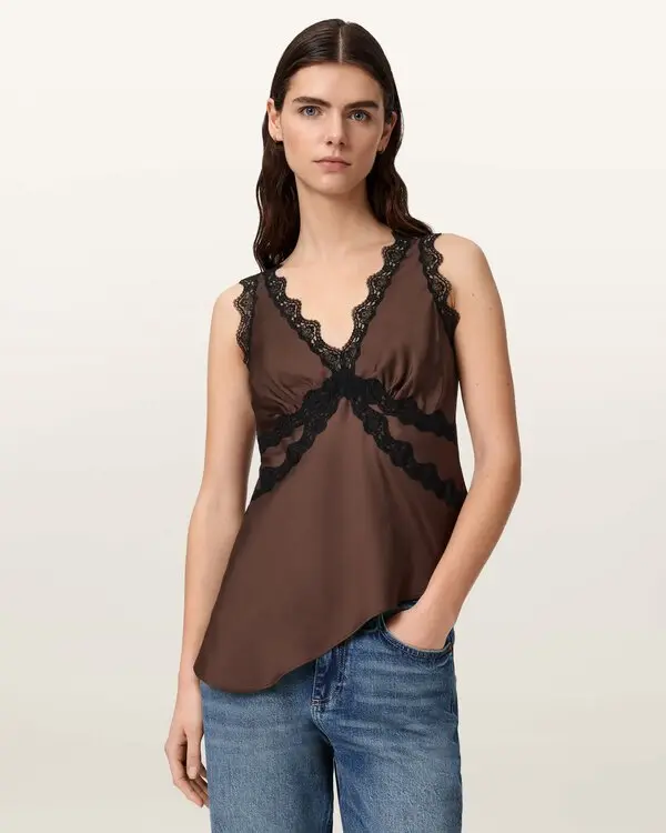 ALLSAINTS Ilka Lace Trim Cami Top - Bitter Brown