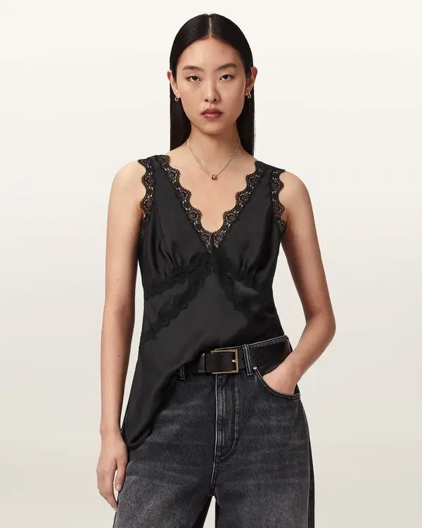 ALLSAINTS Ilka Lace Trim Cami Top - Black