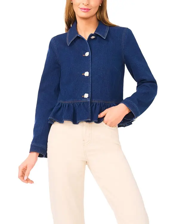 CECE DUPRAZ Long Sleeve Collared Peplum Denim Jacket