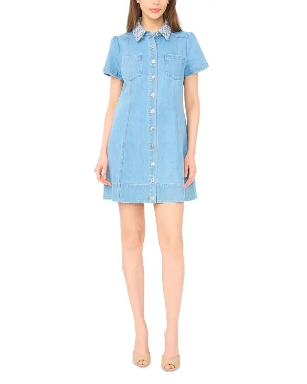 CECE DUPRAZ Short Sleeved Button Down Denim Dress - Light Blue