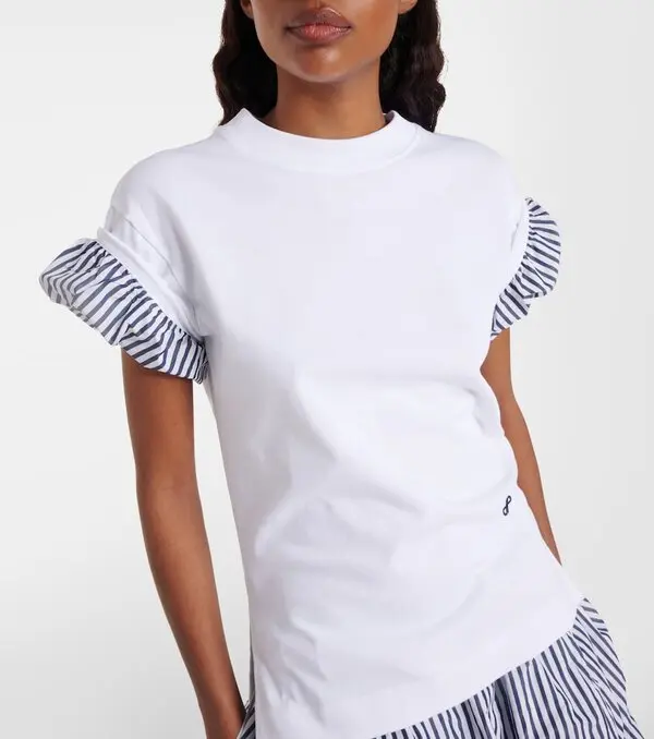 PATOU Cotton Jersey T-shirt With Striped Ruffle Sleeves - White