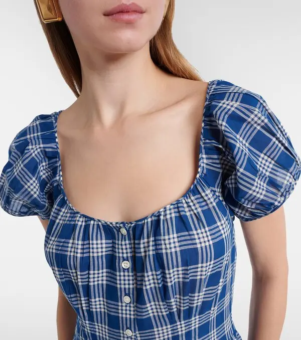 DÔEN Cotton Checked Midi Dress - Blue