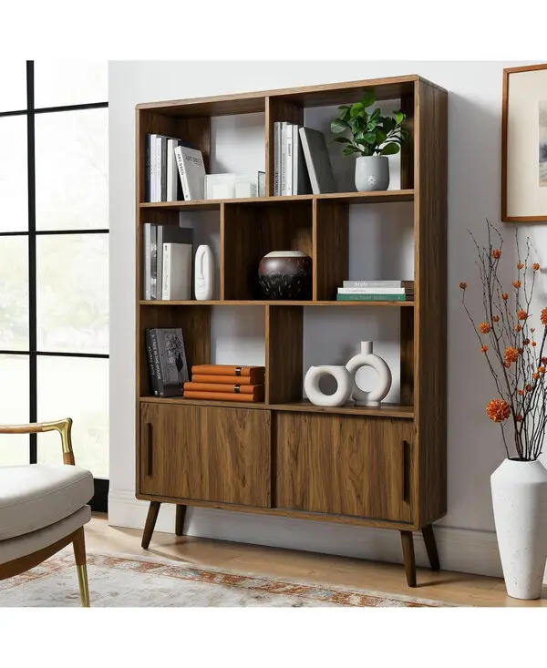 MODWAY Transmit 45" Bookcase With Sliding Doors - Walnut