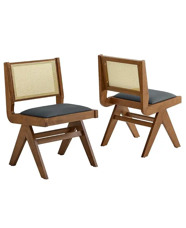 MODWAY Thera Leather And Cane Dining Side Chairs, Set Of 2 - Walnut Black
