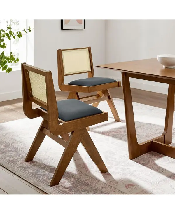 MODWAY Thera Leather And Cane Dining Side Chairs, Set Of 2 - Walnut Black
