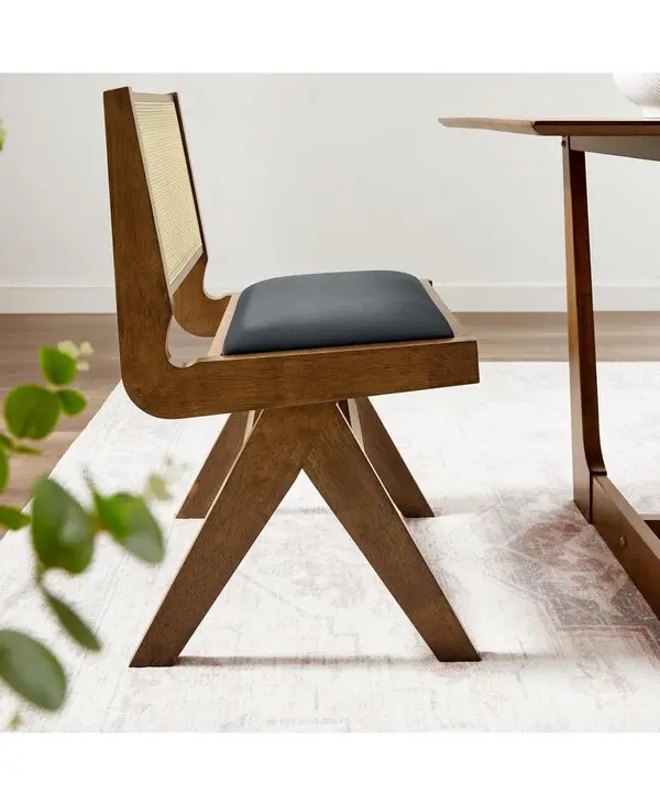 MODWAY Thera Leather And Cane Dining Side Chairs, Set Of 2 - Walnut Black