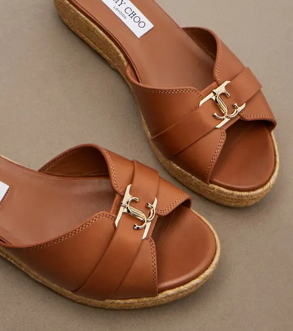 JIMMY CHOO Leda Leather Espadrille Wedges - Brown