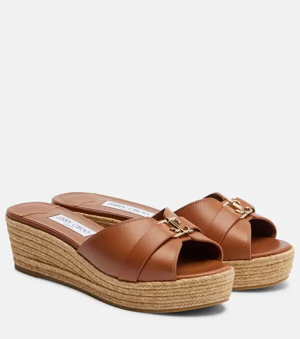 JIMMY CHOO Leda Leather Espadrille Wedges - Brown