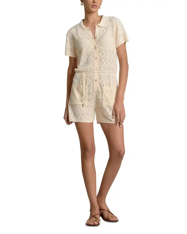 Elan Short Sleeve Button-up Romper With Drawstring Waist - Natural