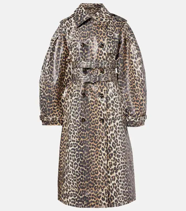 GANNI Leopard-print Cotton Canvas Trench Coat